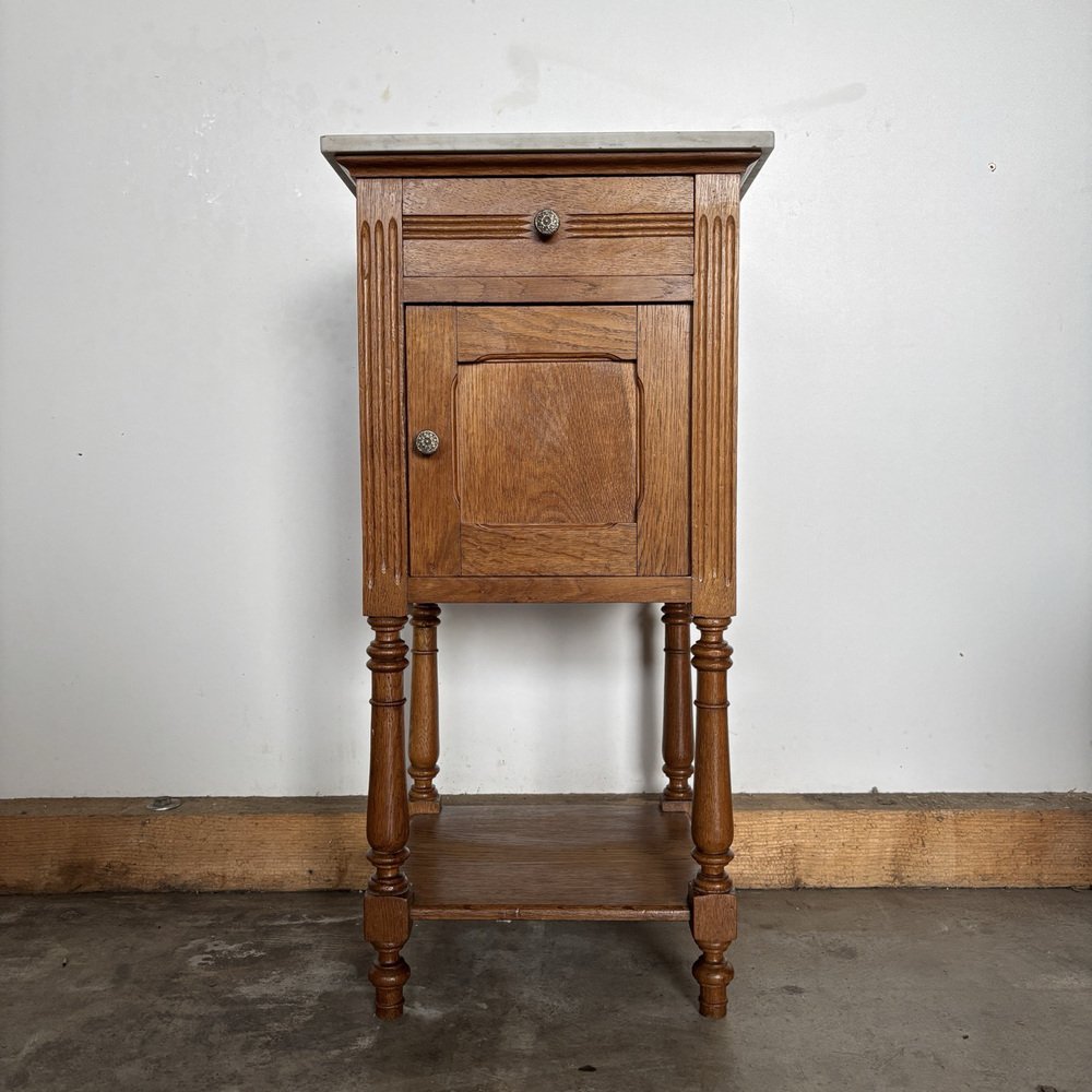 Vintage Oak Bedside Table with Marble Top, 1920s for sale at Pamono
