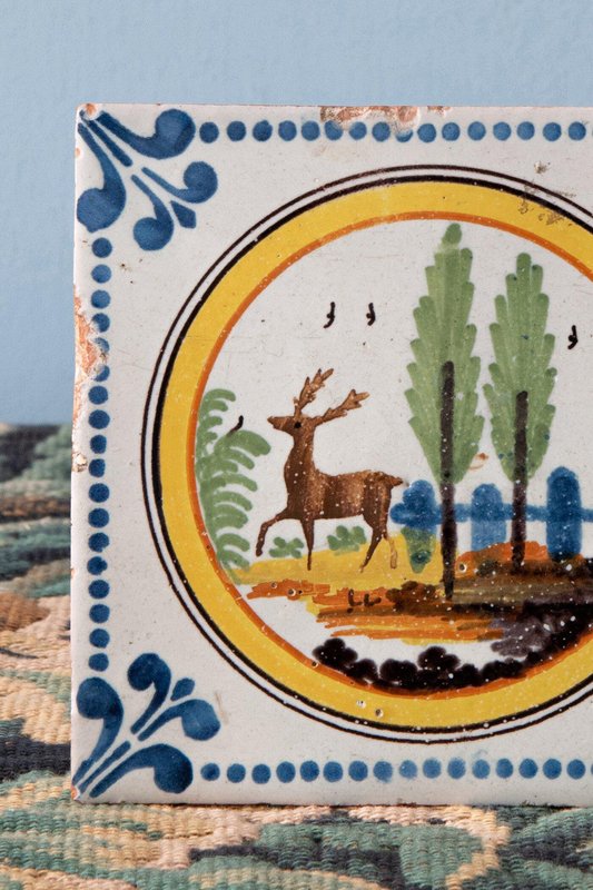 Polychrome Stencilled Tiles from Nevers Faience, 1830, Set of 2 for ...