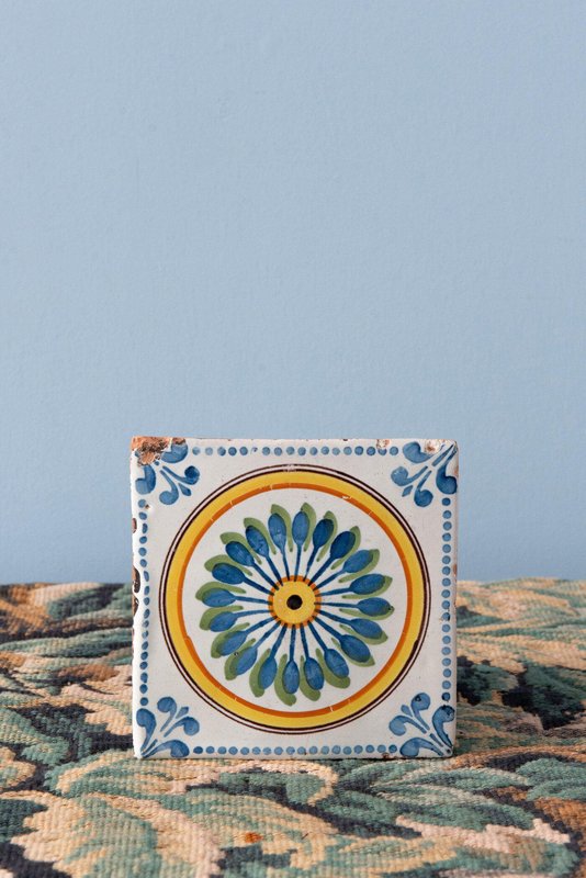 Polychrome Stencilled Tiles from Nevers Faience, 1830, Set of 2 for ...