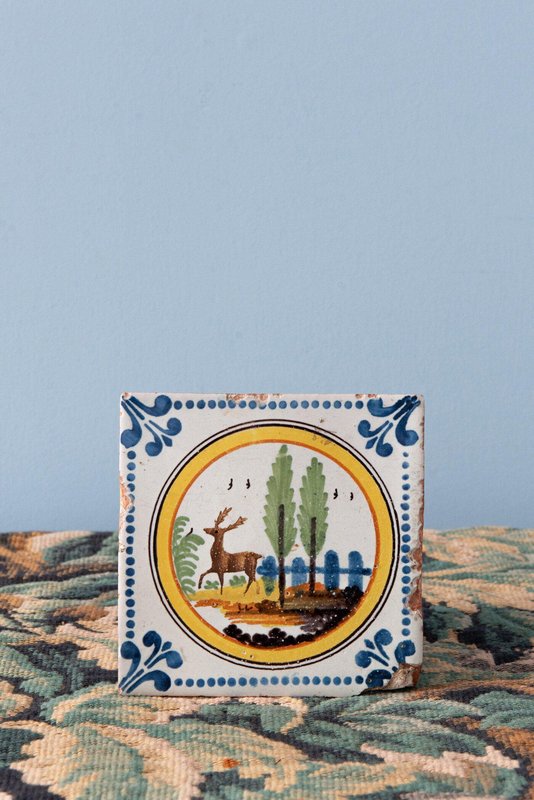 Polychrome Stencilled Tiles from Nevers Faience, 1830, Set of 2 for ...