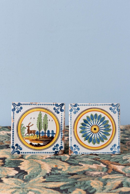 Polychrome Stencilled Tiles from Nevers Faience, 1830, Set of 2 for ...