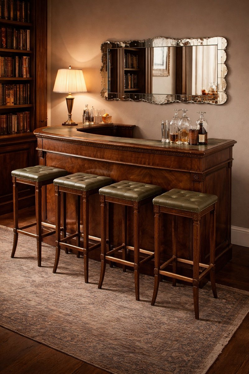 English Club Style Architectural Corner Bar Counter with Stools in ...