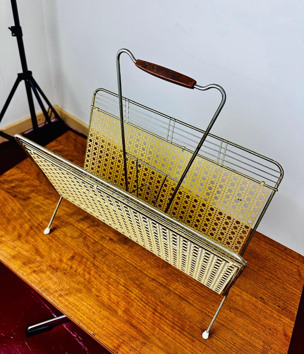 Mid-Century Modern Metal Magazine Rack with Perforated Panels, Central ...
