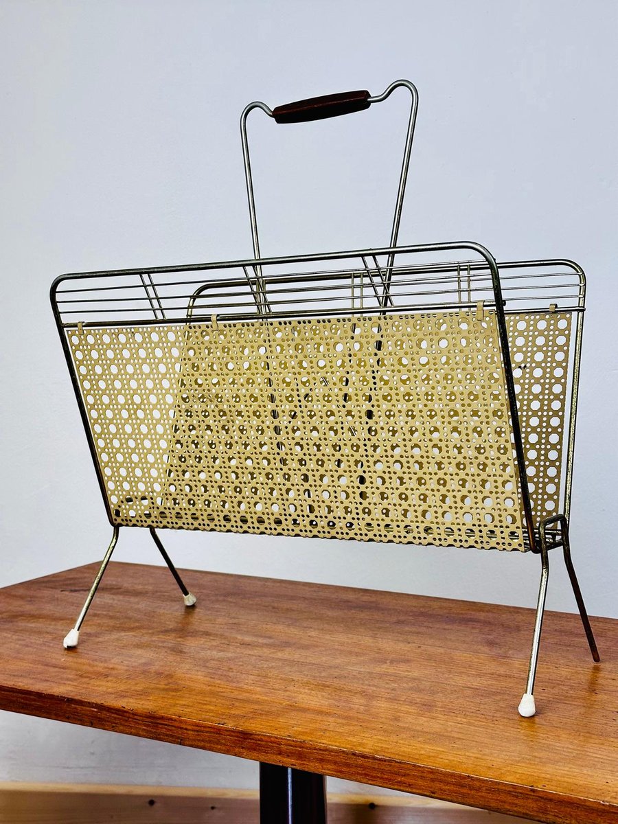Mid-Century Modern Metal Magazine Rack with Perforated Panels, Central ...