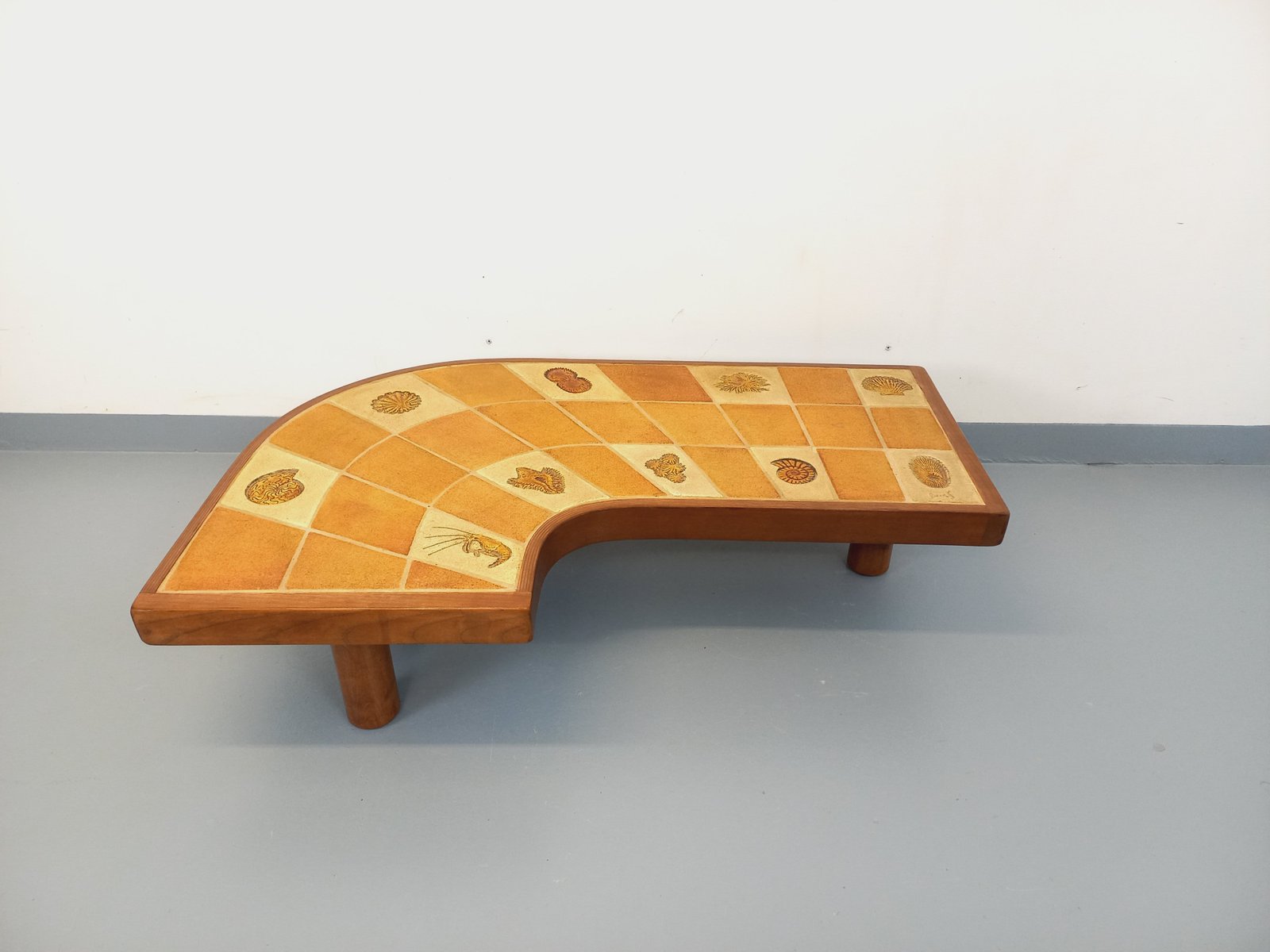 Comma-Shaped Coffee Table with Shell Motifs in Wood and Vallauris ...