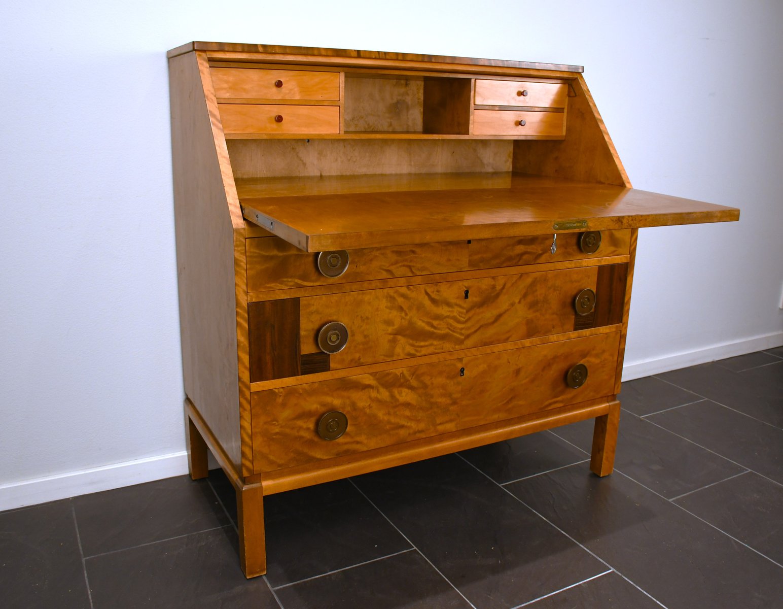 Swedish Grace Flamed Birch and Macassar Secretaire from Svenska ...