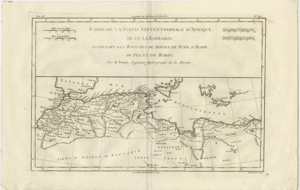 Antique North Africa Barbary Coast with Morocco Algeria Tunisia Map ...