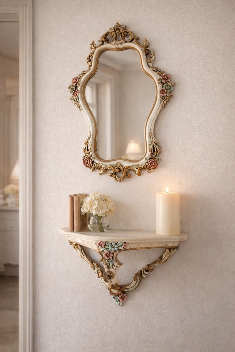 Vintage Baroque Floral Ornate Wall Mirror with Console Shelf, 1970s ...