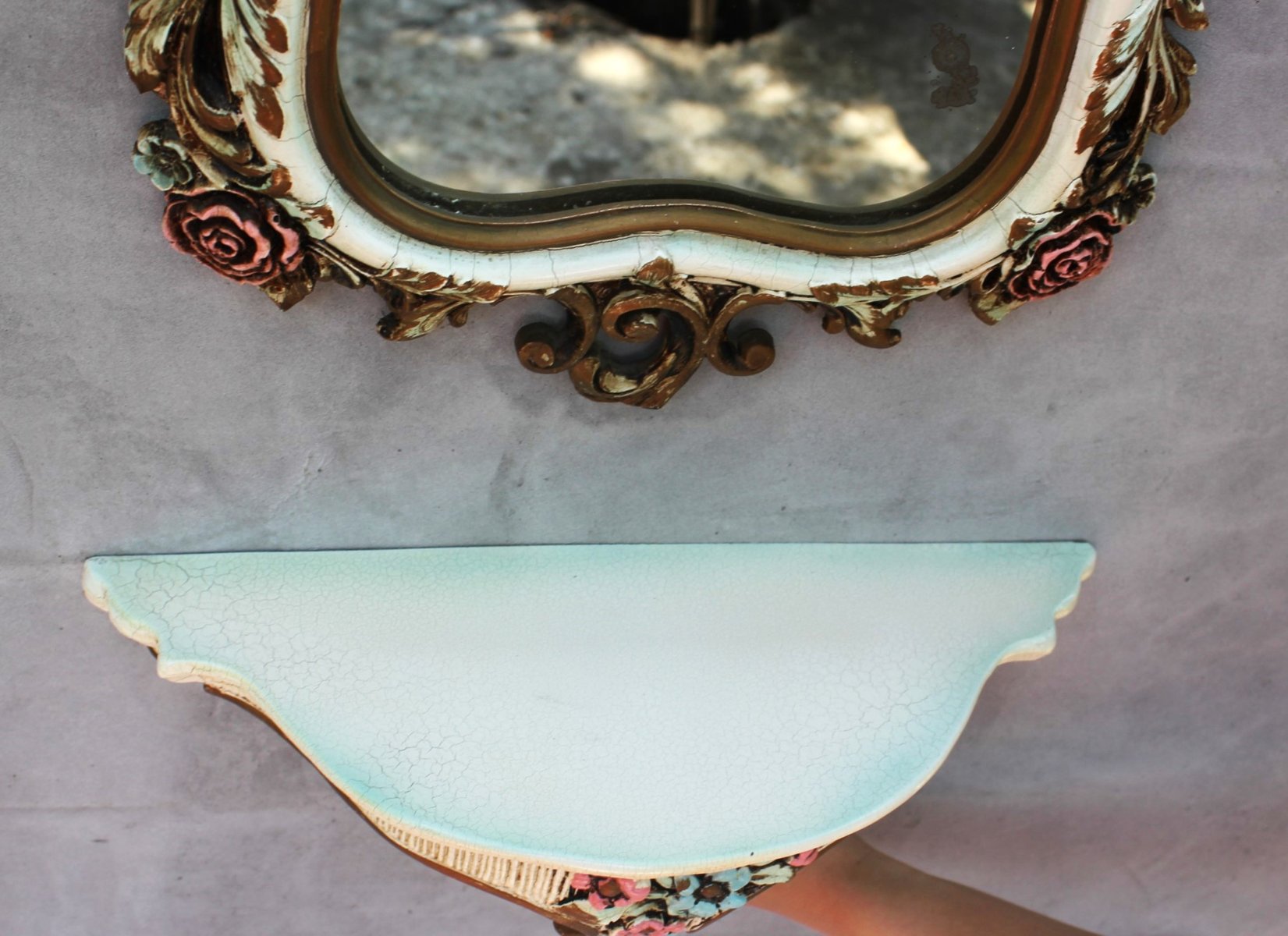 Vintage Baroque Floral Ornate Wall Mirror with Console Shelf, 1970s ...