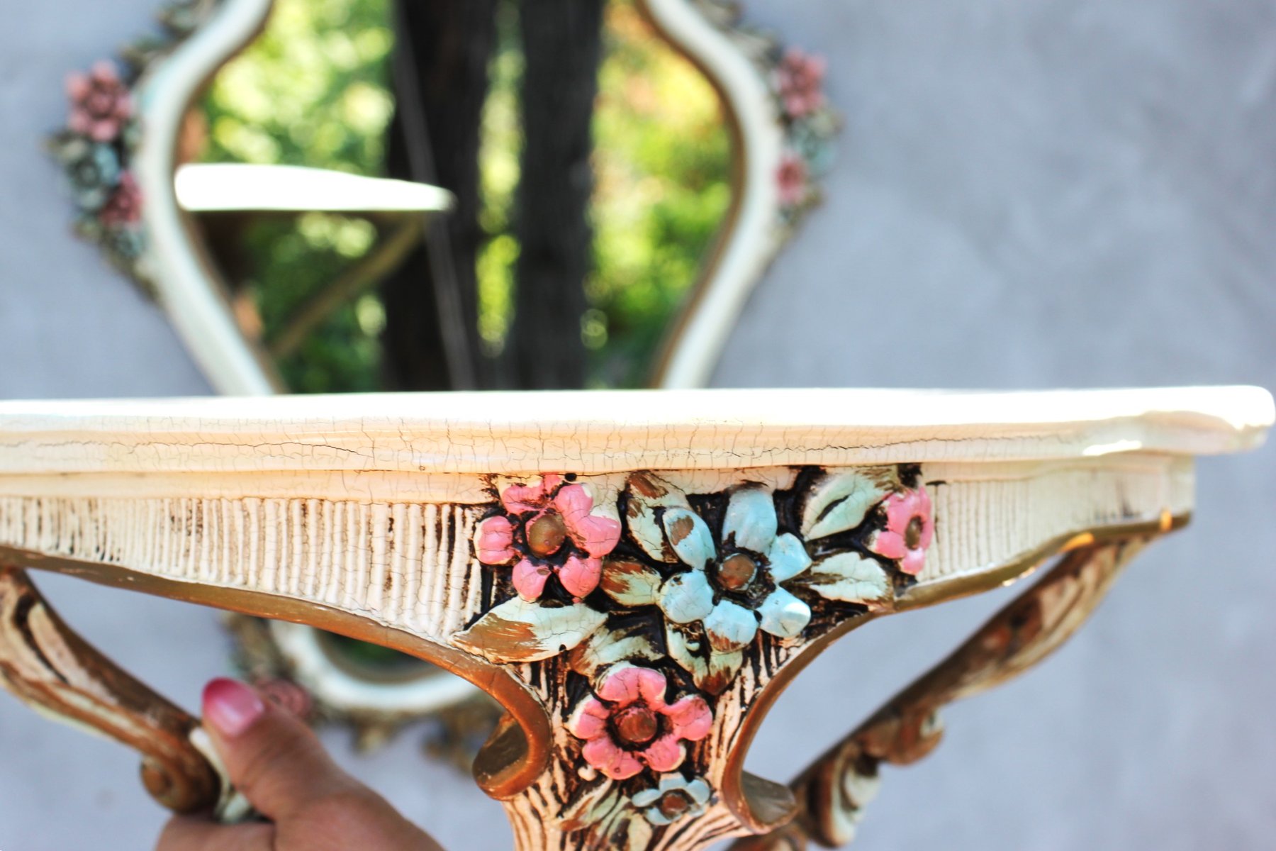 Vintage Baroque Floral Ornate Wall Mirror with Console Shelf, 1970s ...