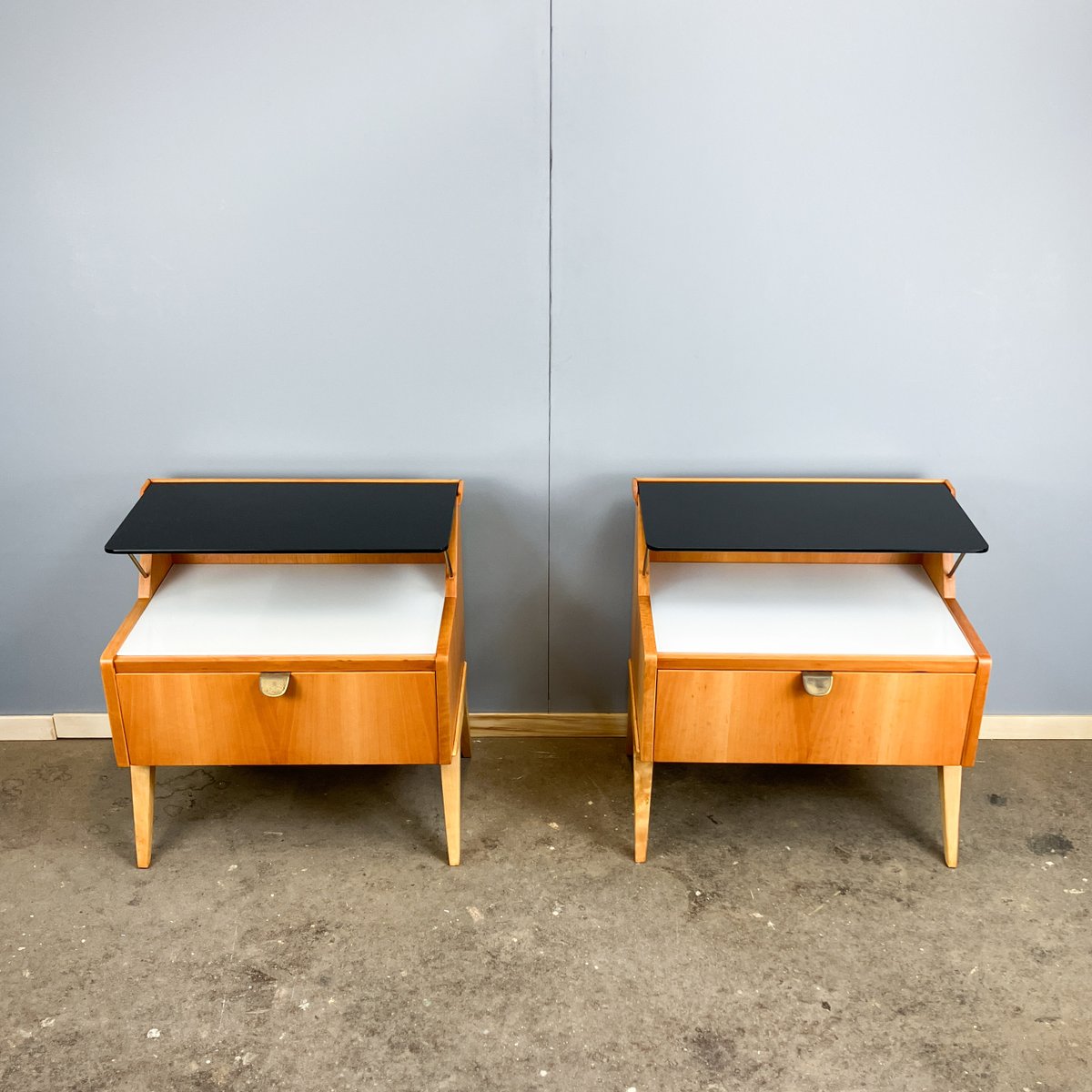 Pearwood Bedside Tables with Black and White Glass Tops from WK Möbel ...