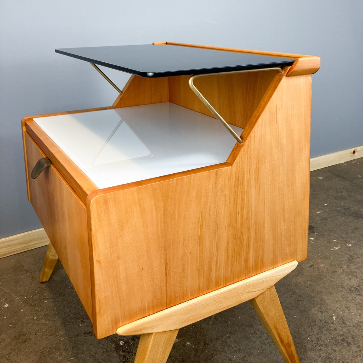 Pearwood Bedside Tables with Black and White Glass Tops from WK Möbel ...