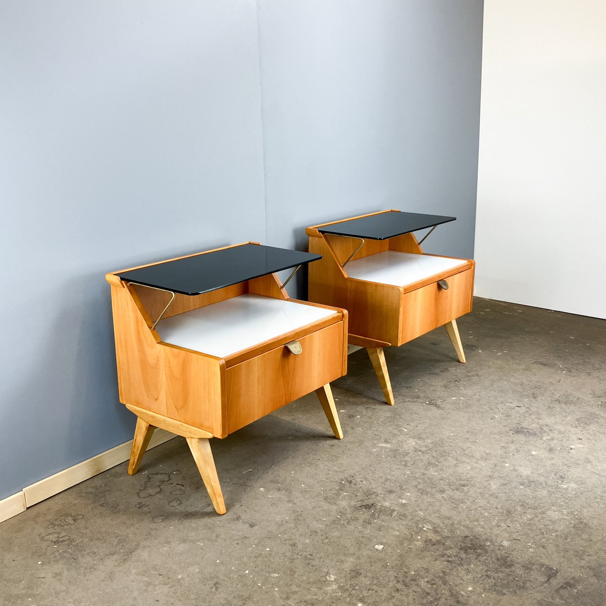 Pearwood Bedside Tables with Black and White Glass Tops from WK Möbel ...