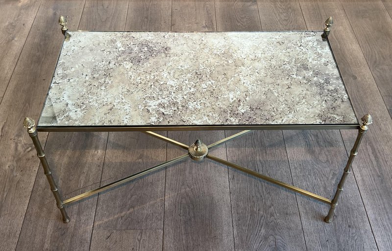 French Brass Coffee Table in Faux Bamboo Style with Églomisé Mirror Top ...