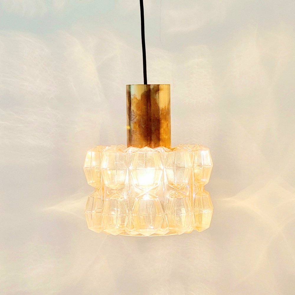 Mid-Century Modern Amber Diamond Glass and Brass Pendant Light by ...