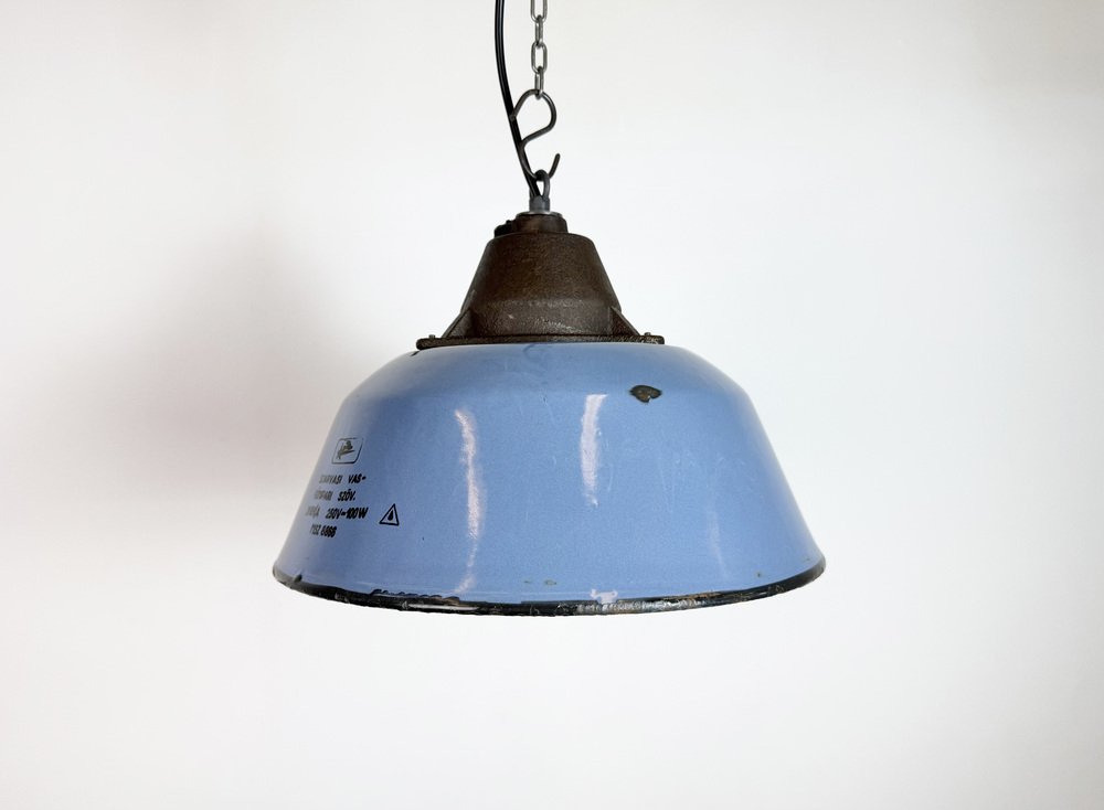 Industrial Blue Enamel and Cast Iron Pendant Lamp, 1960s for sale at Pamono