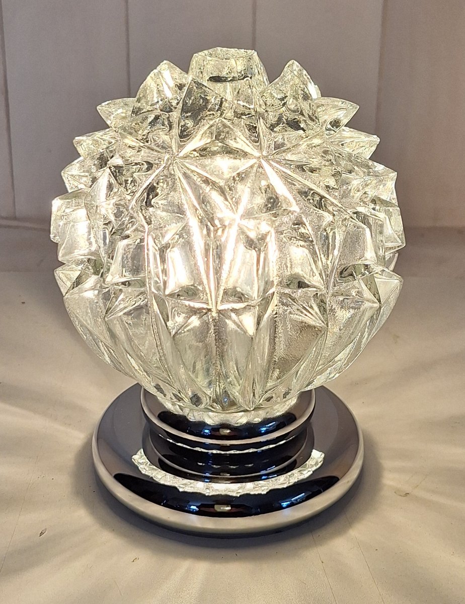 Vintage Table Lamp with Relief Glass Shade in Chrome-Plated Metal Mount ...