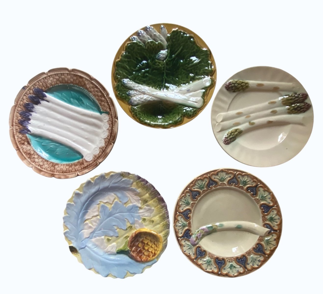 French and Belgian Barbotine Asparagus Plate Wall Plates, Set of 5 for ...