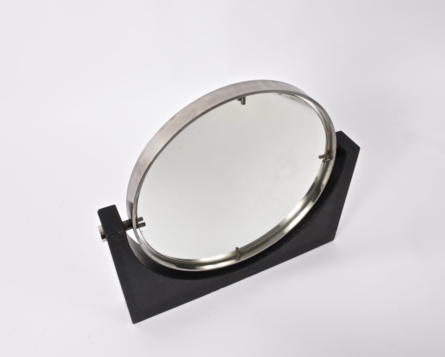 Mid-Century Modern Round Table Mirror in Black Marble & Steel for sale ...