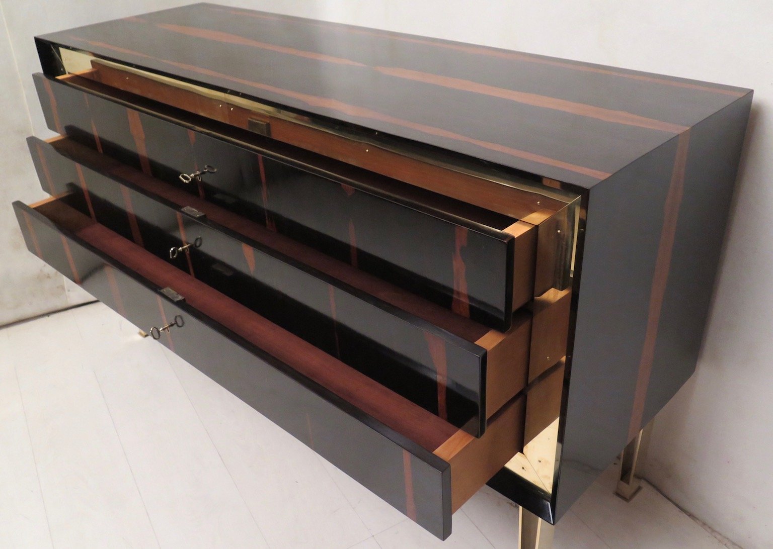 Vintage Art Deco Macassar & Brass Commode, 1940s for sale at Pamono