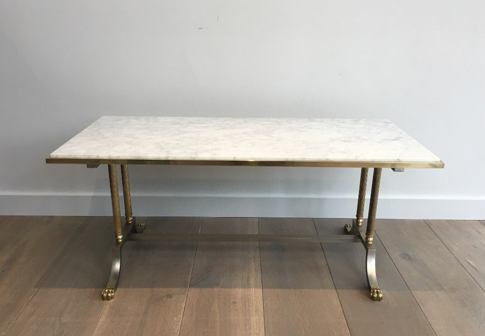 Table Basse avec Plateau en Acier Brossé, Laiton et Marbre de Maison Jansen, 1940s en vente sur ...