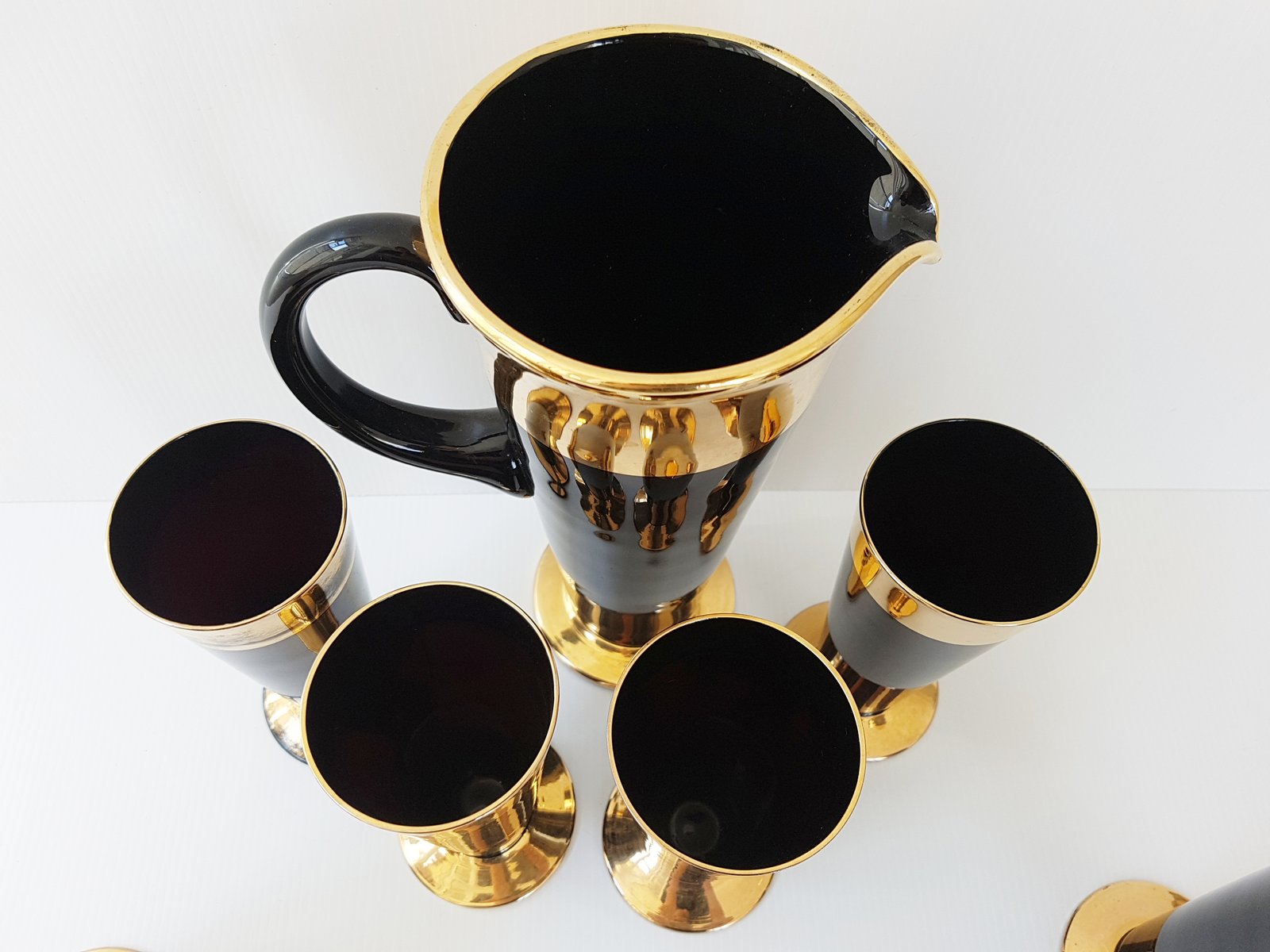 Mid-Century French Black & Golden Glass Pitcher & Glasses, 1950s, Set ...