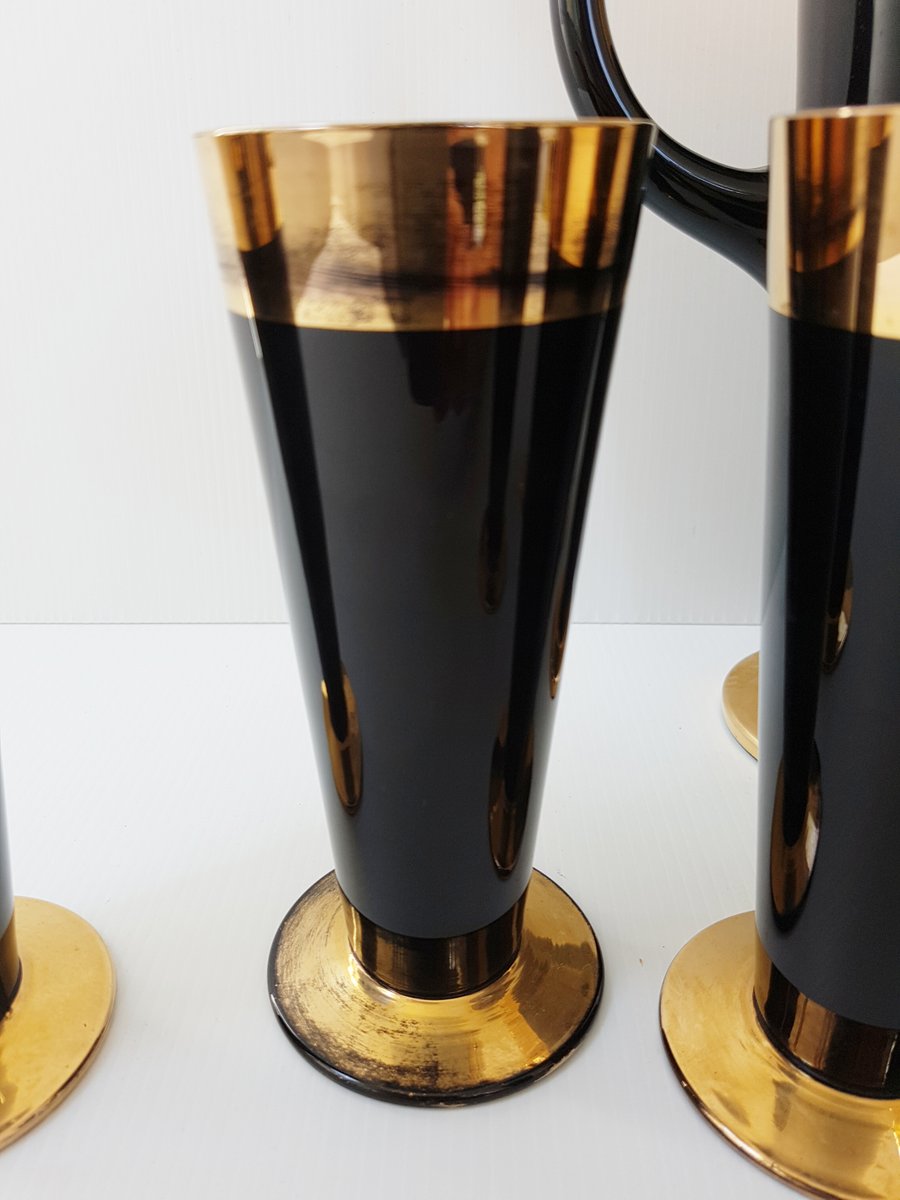 Mid-Century French Black & Golden Glass Pitcher & Glasses, 1950s, Set ...