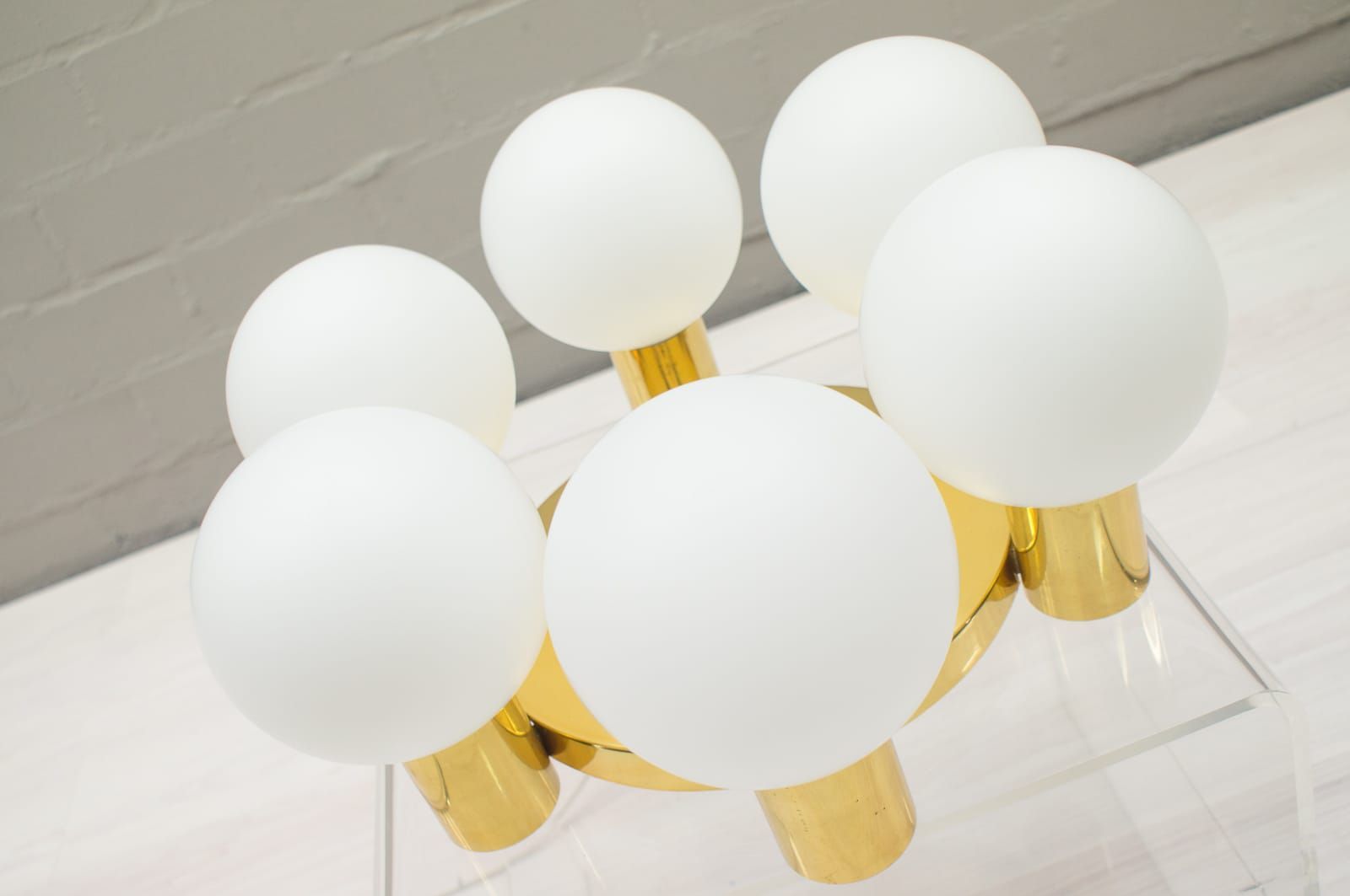 Vintage Brass Orbit Lamp with Opal Globe Shades for sale at Pamono