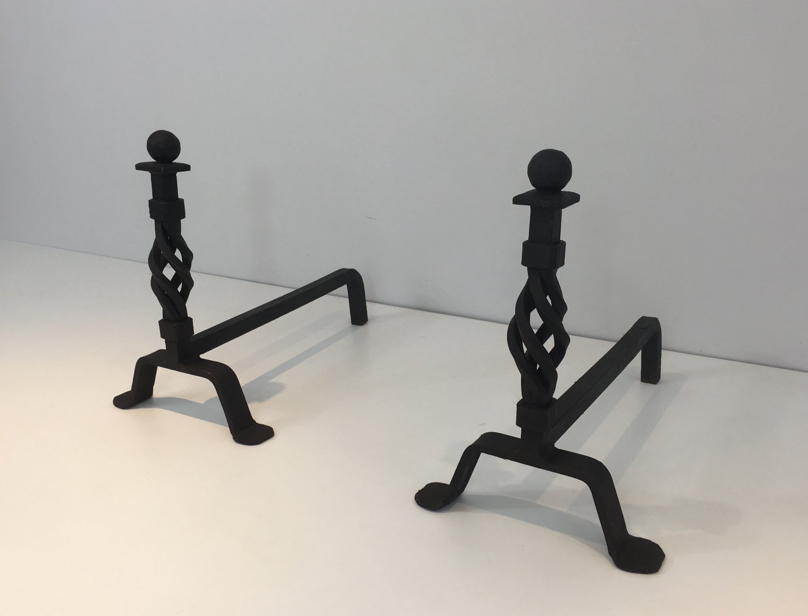 Twisted Wrought Iron Andirons, 1940s, Set of 2 for sale at Pamono