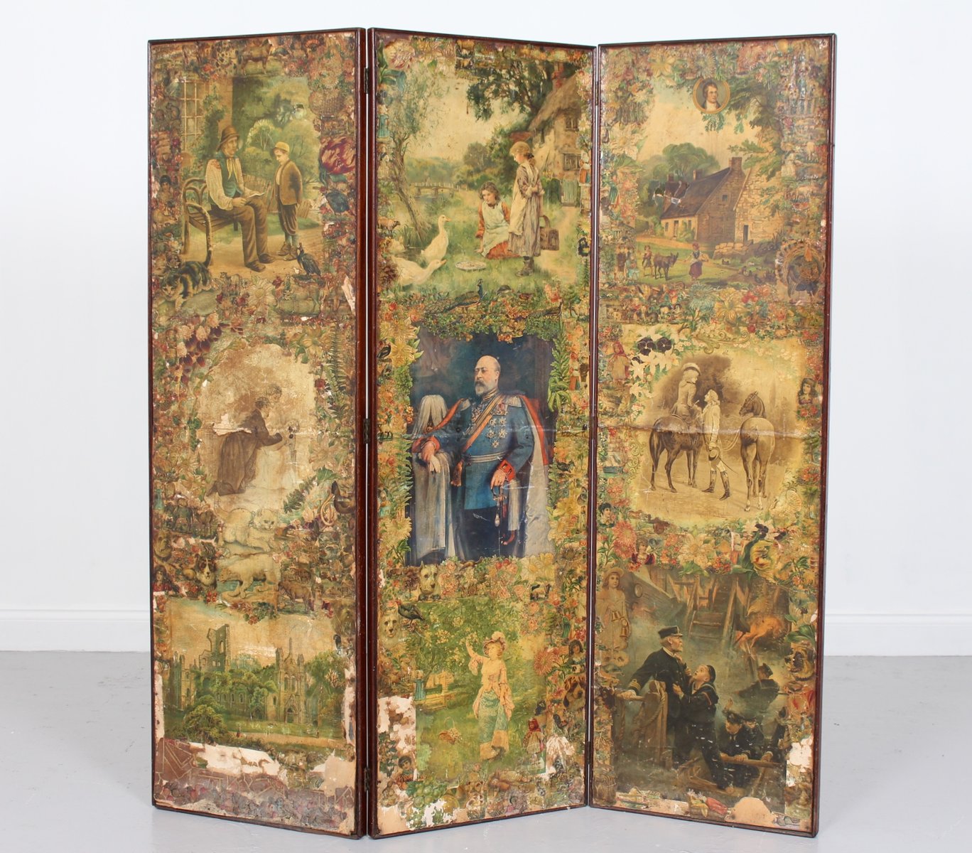 Biombo victoriano plegable de cuatro paneles, siglo XIX en venta en Pamono