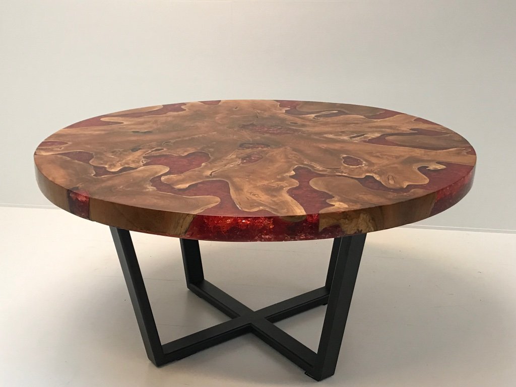 Moderner runder Tisch mit Platte aus Holz & Harz & Gestell aus Eisen ...