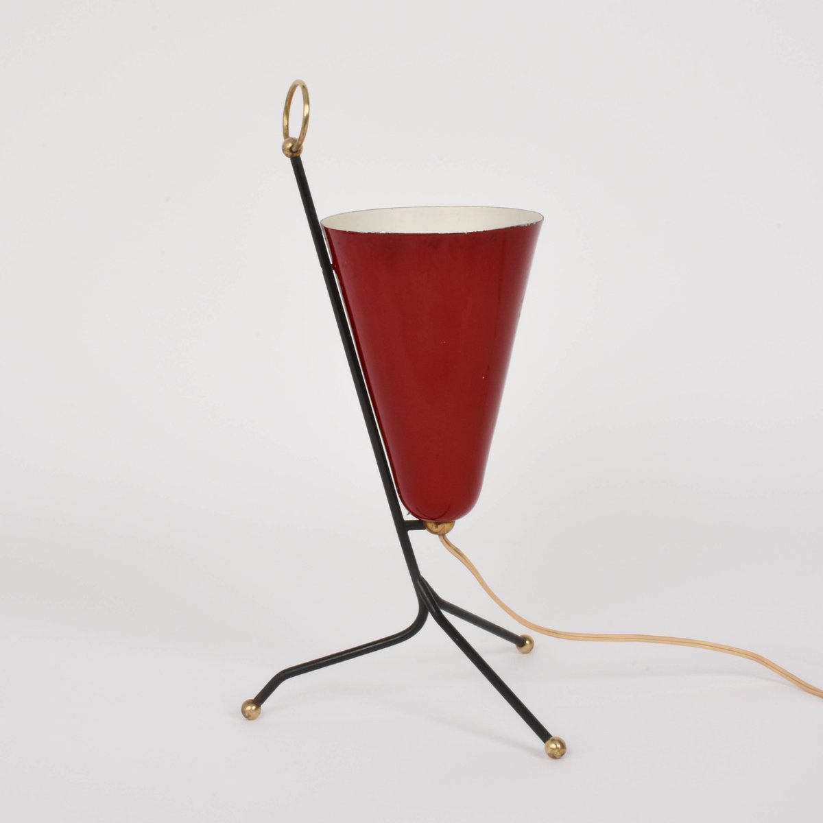 Italian Red Lacquered Metal and Brass Conical Table Lamp, 1950s for ...