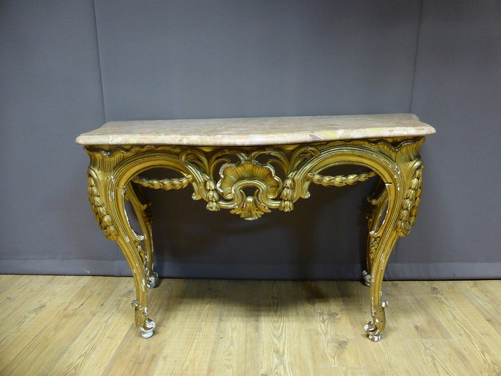 Antique French Gilt Wood Louis XV Console Table for sale at Pamono