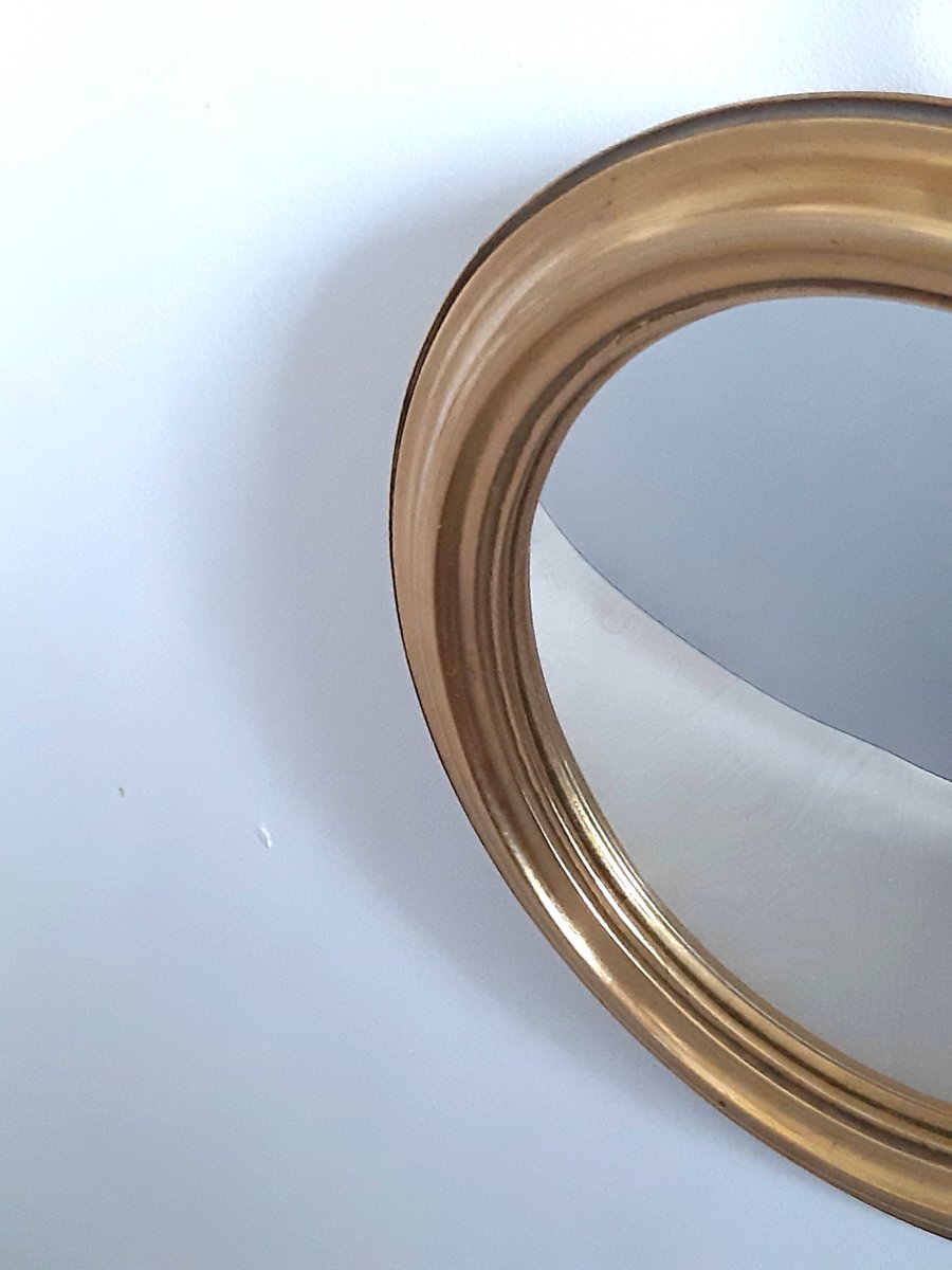 Round Gilded Wood & Velvet Mirror, 1950s for sale at Pamono