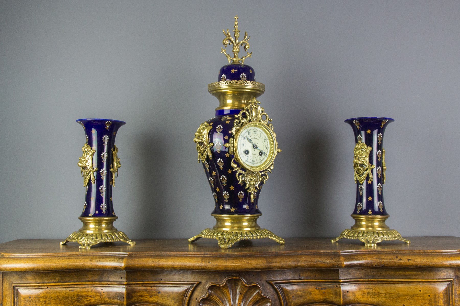 Royal Blue Mantle Clock Set from Boch Frères Keramis, 1920s, Set of 3 ...
