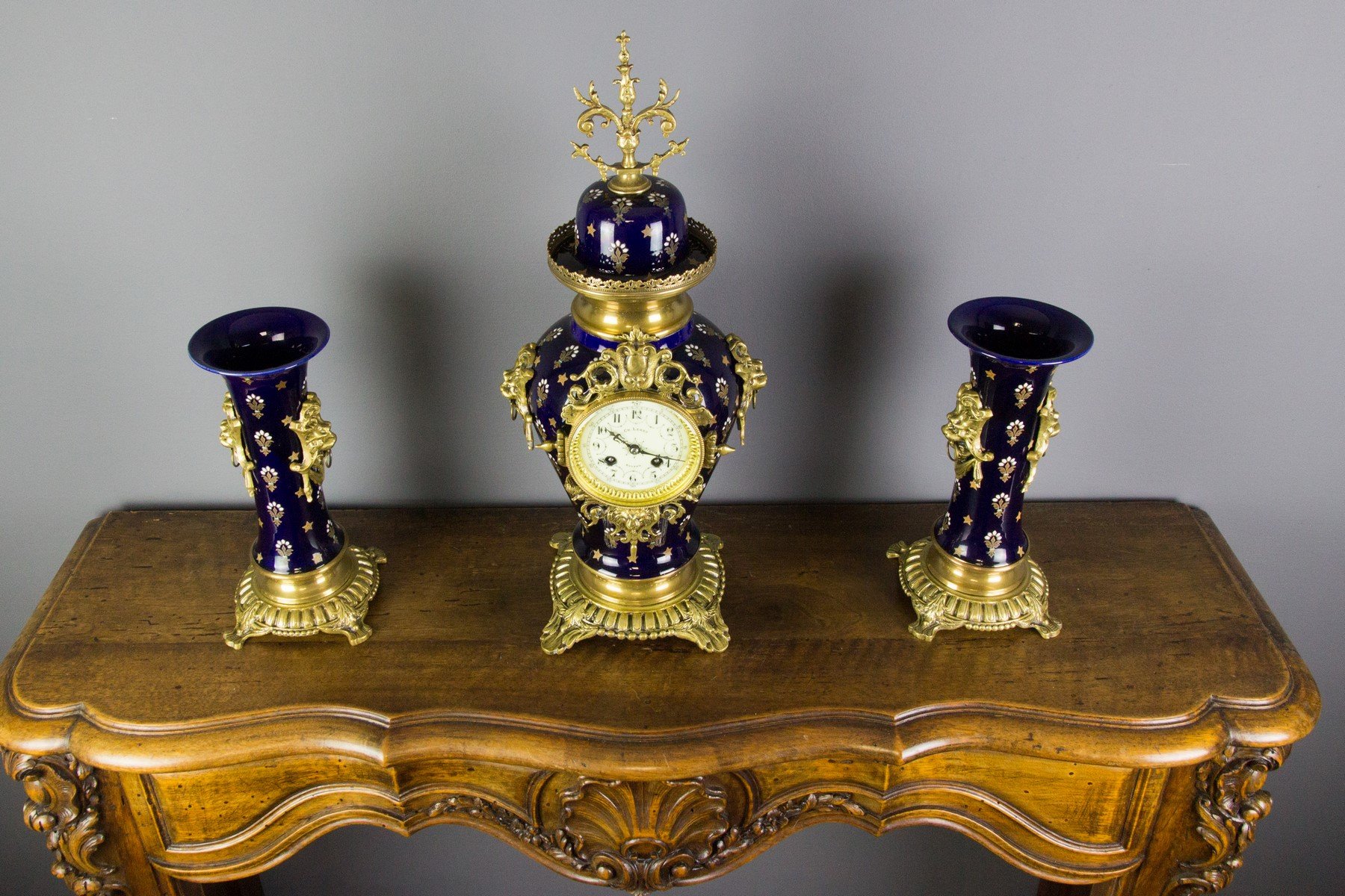 Royal Blue Mantle Clock Set from Boch Frères Keramis, 1920s, Set of 3 ...