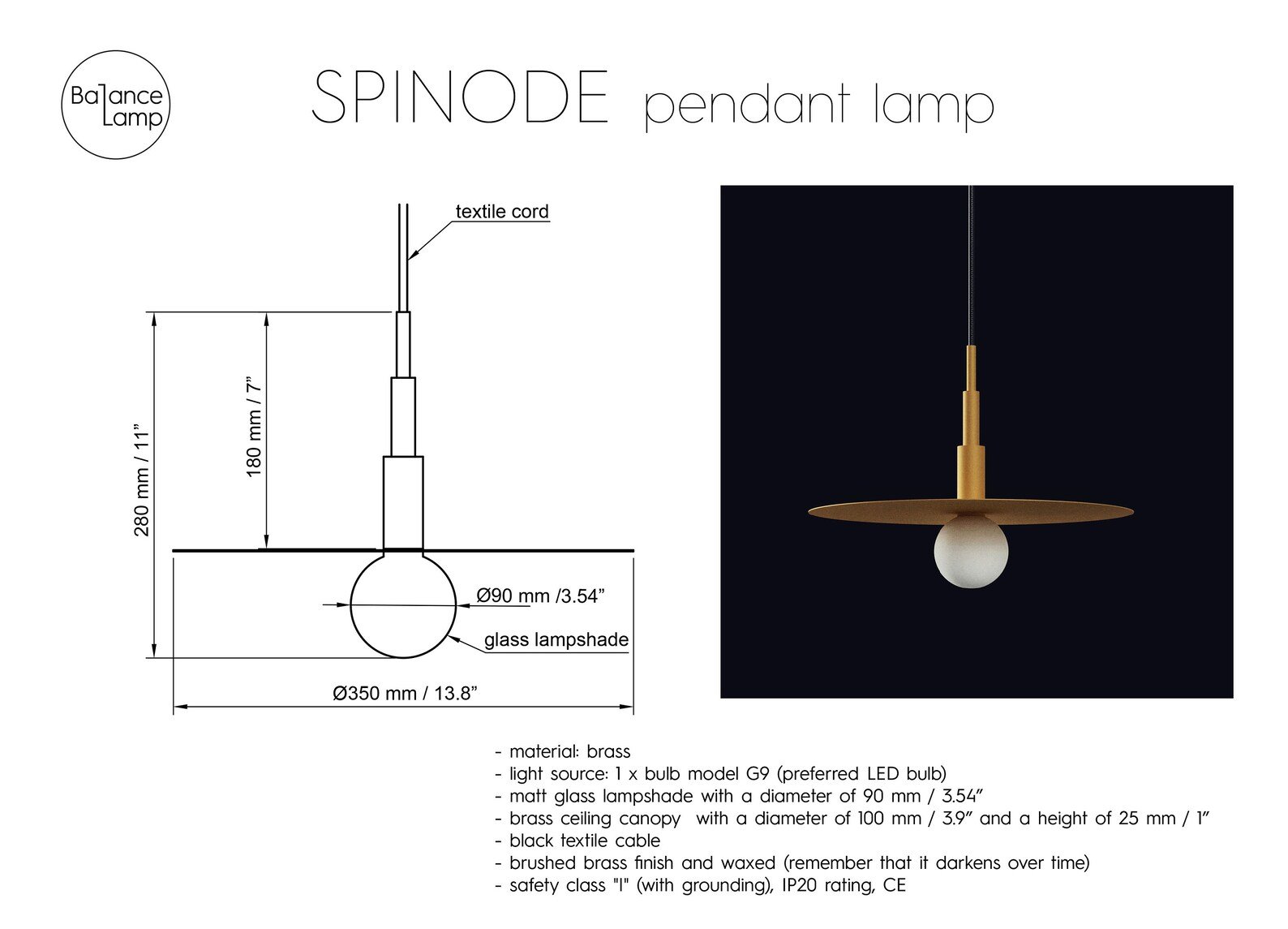 Spinode Minimal Modern Design Pendant Lamp With Brass Flat Disc from Balance Lamp for sale at Pamono
