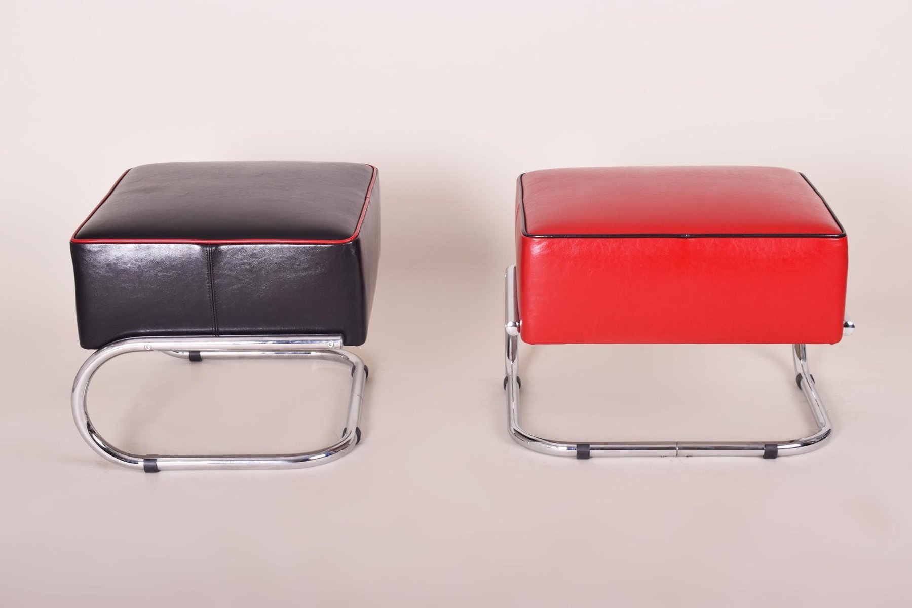 Set of Black and Red Leather and Tubular Steel Footstools, 1930s for ...
