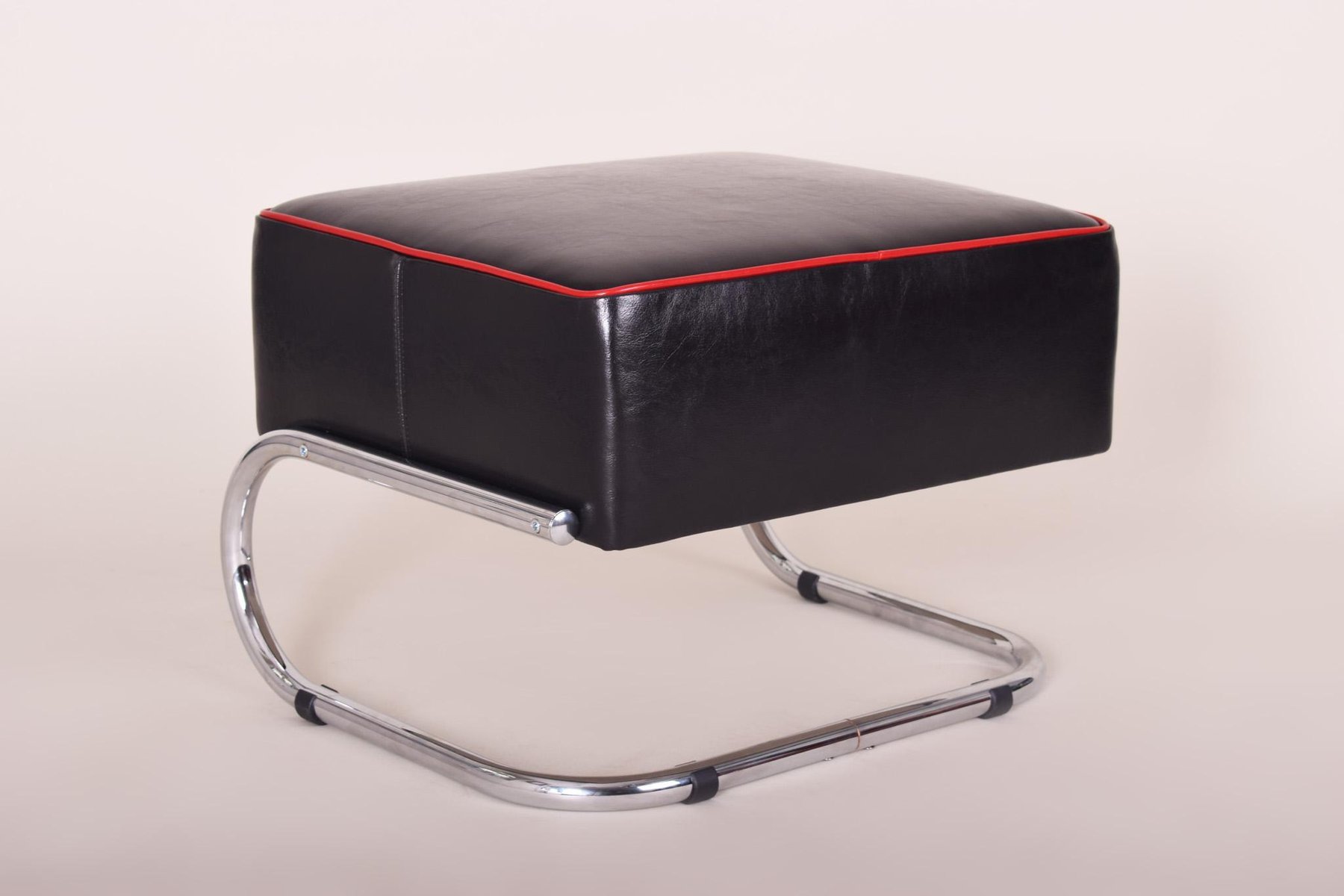 Set of Black and Red Leather and Tubular Steel Footstools, 1930s for ...