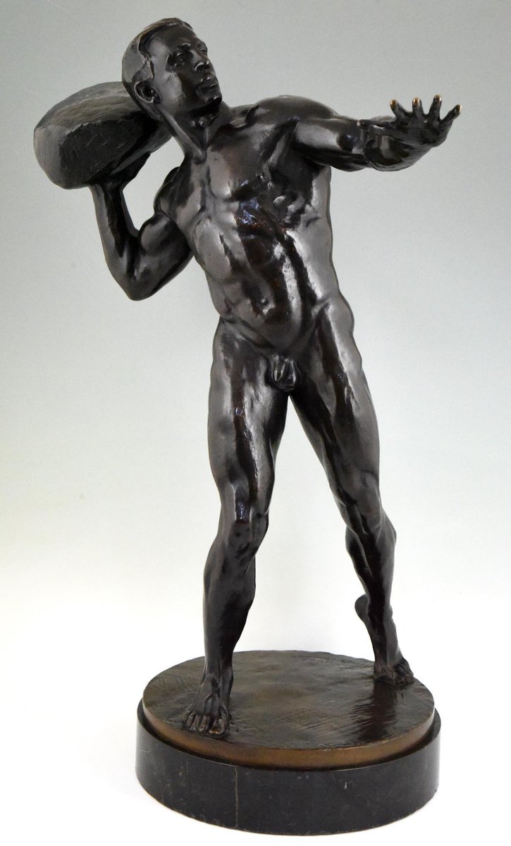 Antique Bronze Sculpture of Male Nude with Stone by Hugo Siegwart for ...