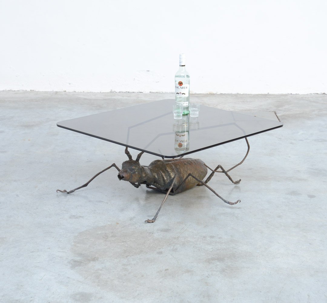 Coffee Table with a Handcrafted Metal Cricket Sculpture Base, 1970s for ...