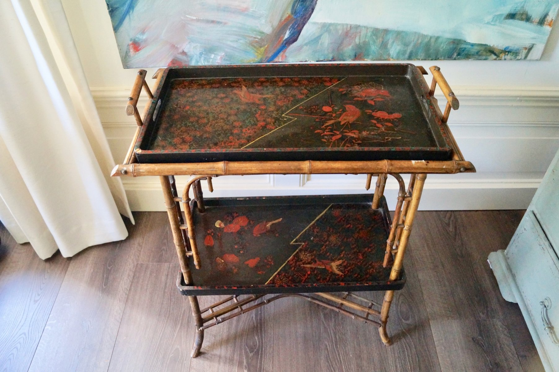 Vintage Chinoiserie Lacquered Bamboo Tray Table for sale at Pamono