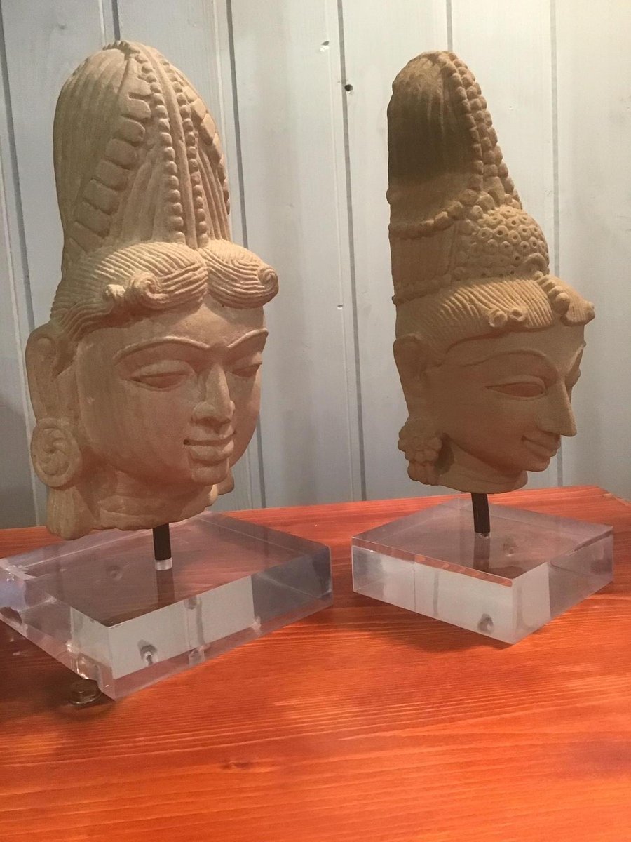 Antique Central American Aztec Stone Heads with Acrylic Glass Base, Set ...