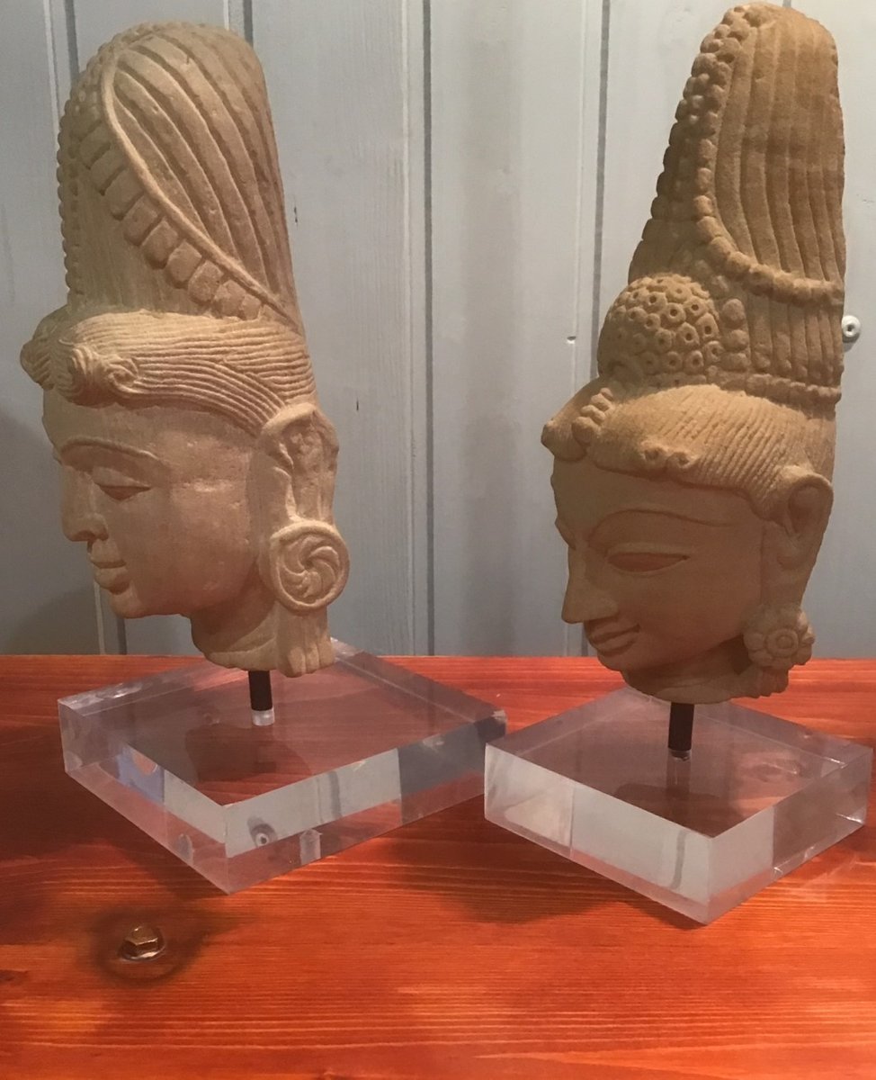 Antique Central American Aztec Stone Heads with Acrylic Glass Base, Set ...