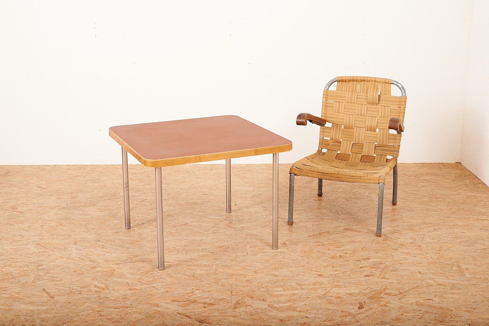 Vintage Chrome Plated Metal, Wood, and Red Linoleum Side Table by ...
