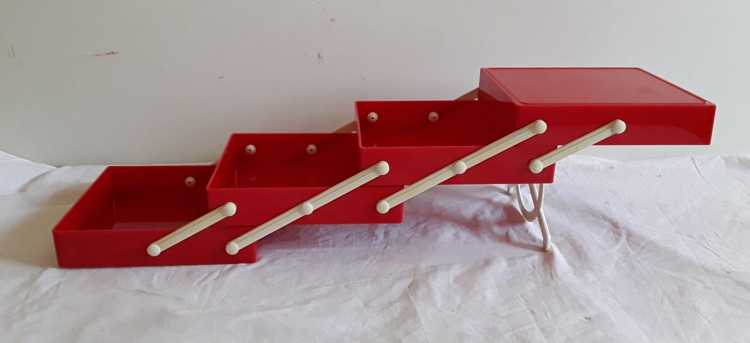 Vintage Red and White Plastic Fold-Out Sewing Box, 1970s for sale at Pamono