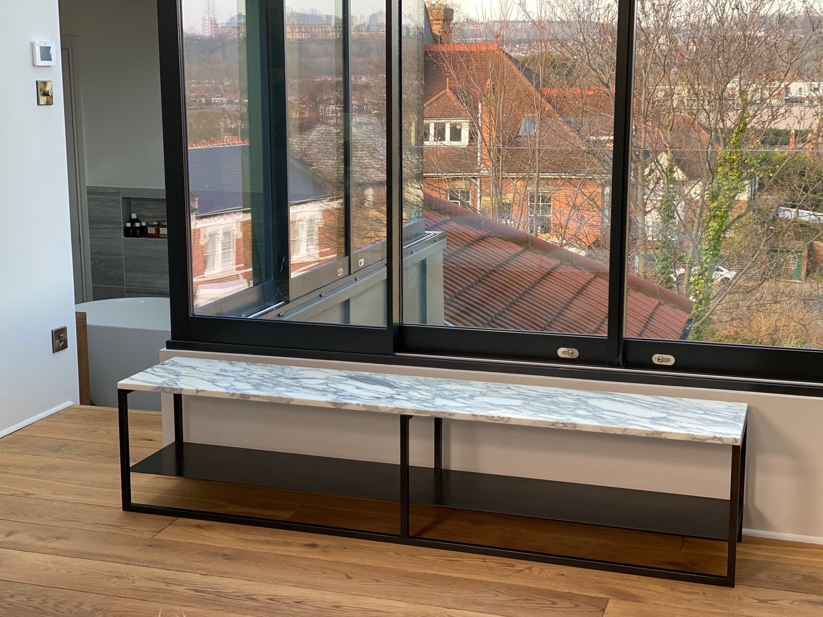 Eros Low Slim Console Table in Brass or Bronze Tinted and Marble by ...