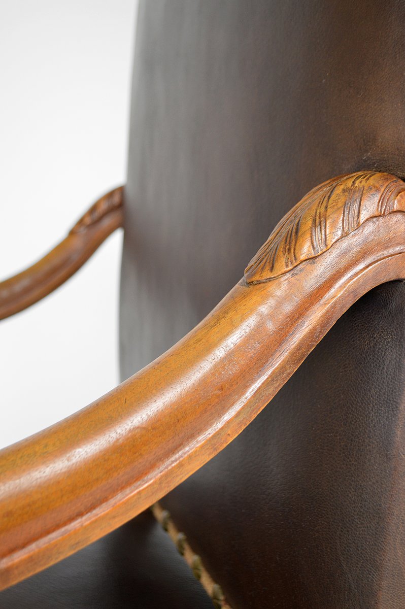 Sedia da scrivania antica in stile Luigi XIII in pelle e legno di noce ...
