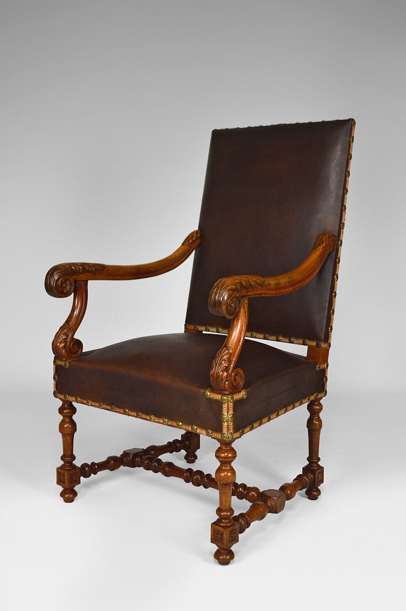 Sedia da scrivania antica in stile Luigi XIII in pelle e legno di noce ...