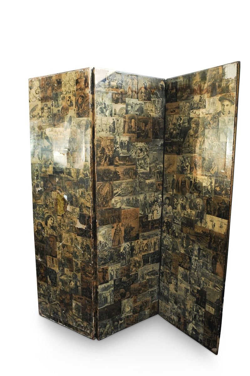 Two-Sided, Three Panel Folding Boudoir Ebonised Screen for sale at Pamono
